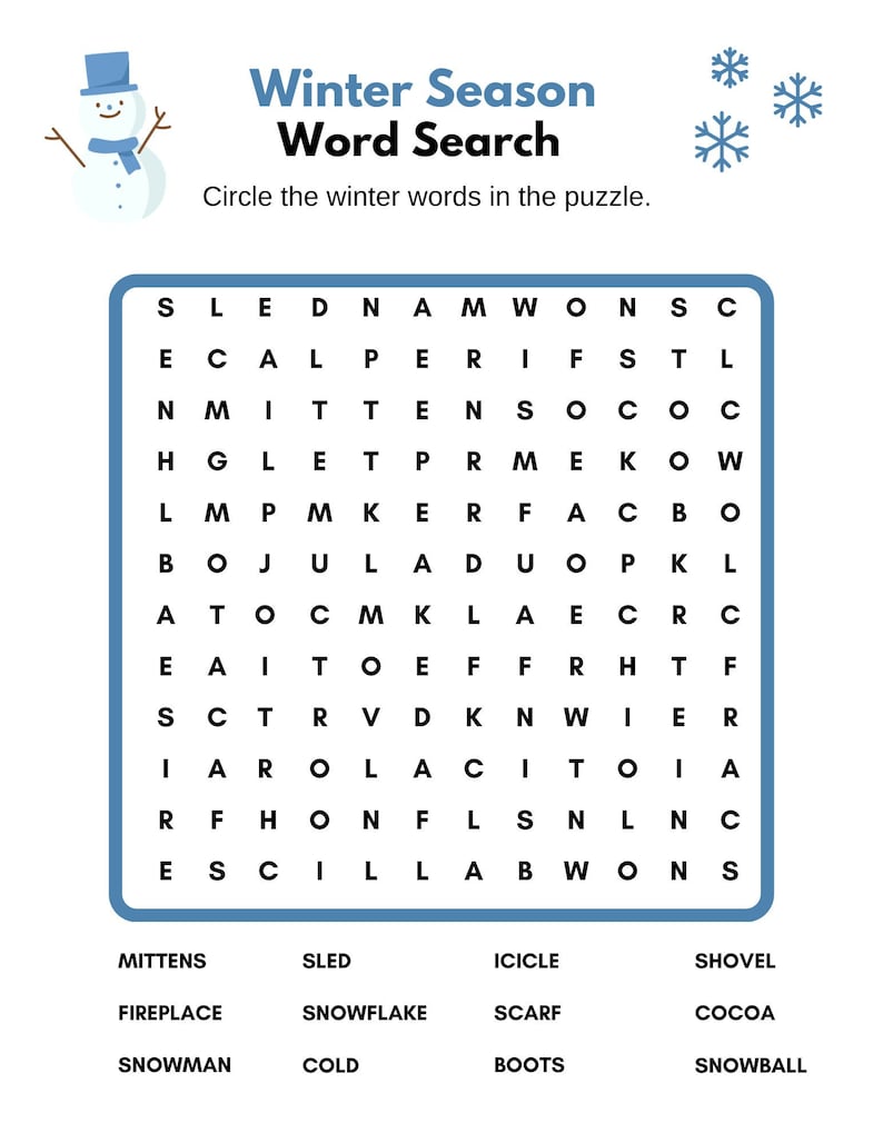 Winter Word Search Puzzle for Kids - Etsy
