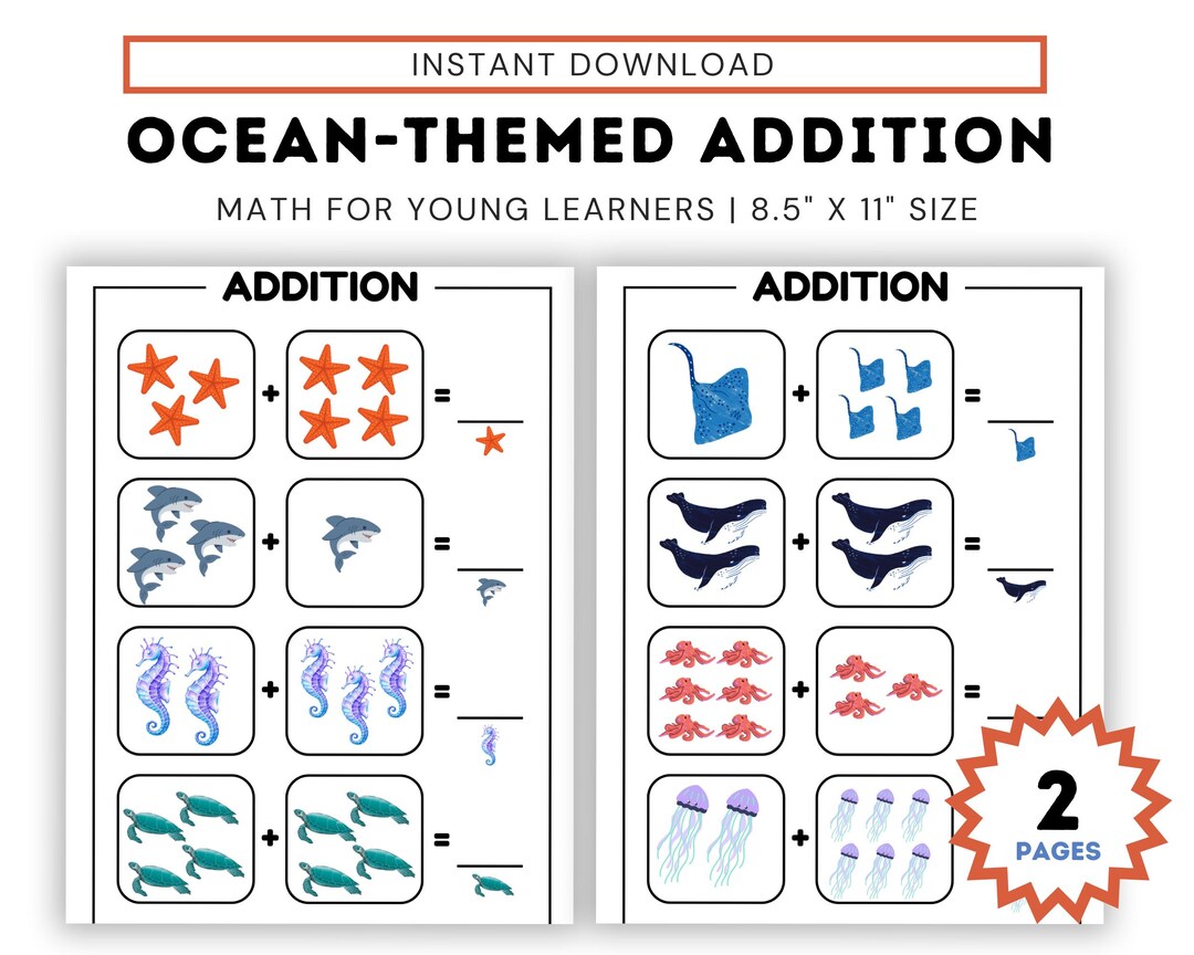 Ocean Theme Addition Math Worksheets for Young Children Pre K ...