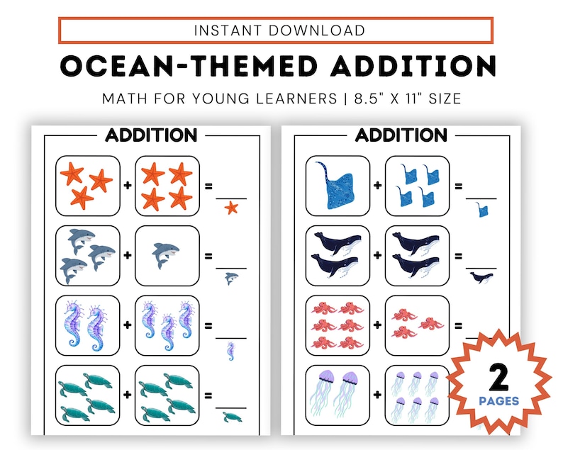 Ocean Theme Addition Math Worksheets for Young Children Pre K ...