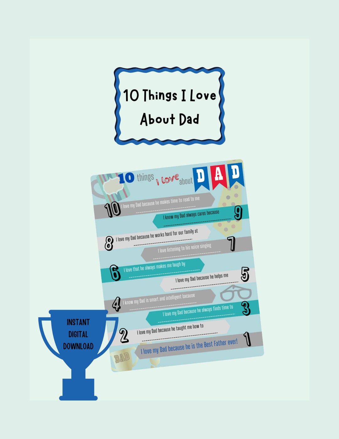 Father's Day Birthday Any Day Printable Worksheet, 10 Things I Love ...