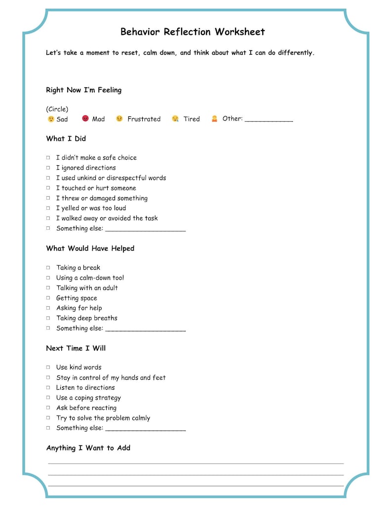 Behavior Reflection Worksheet Printable | Student Accountability Form ...