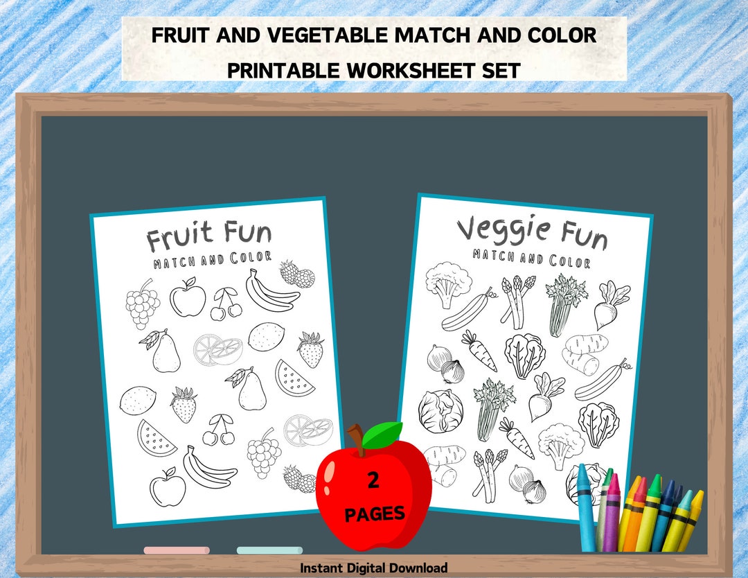 Fruit and Vegetable Matching and Coloring Worksheet Set - Etsy