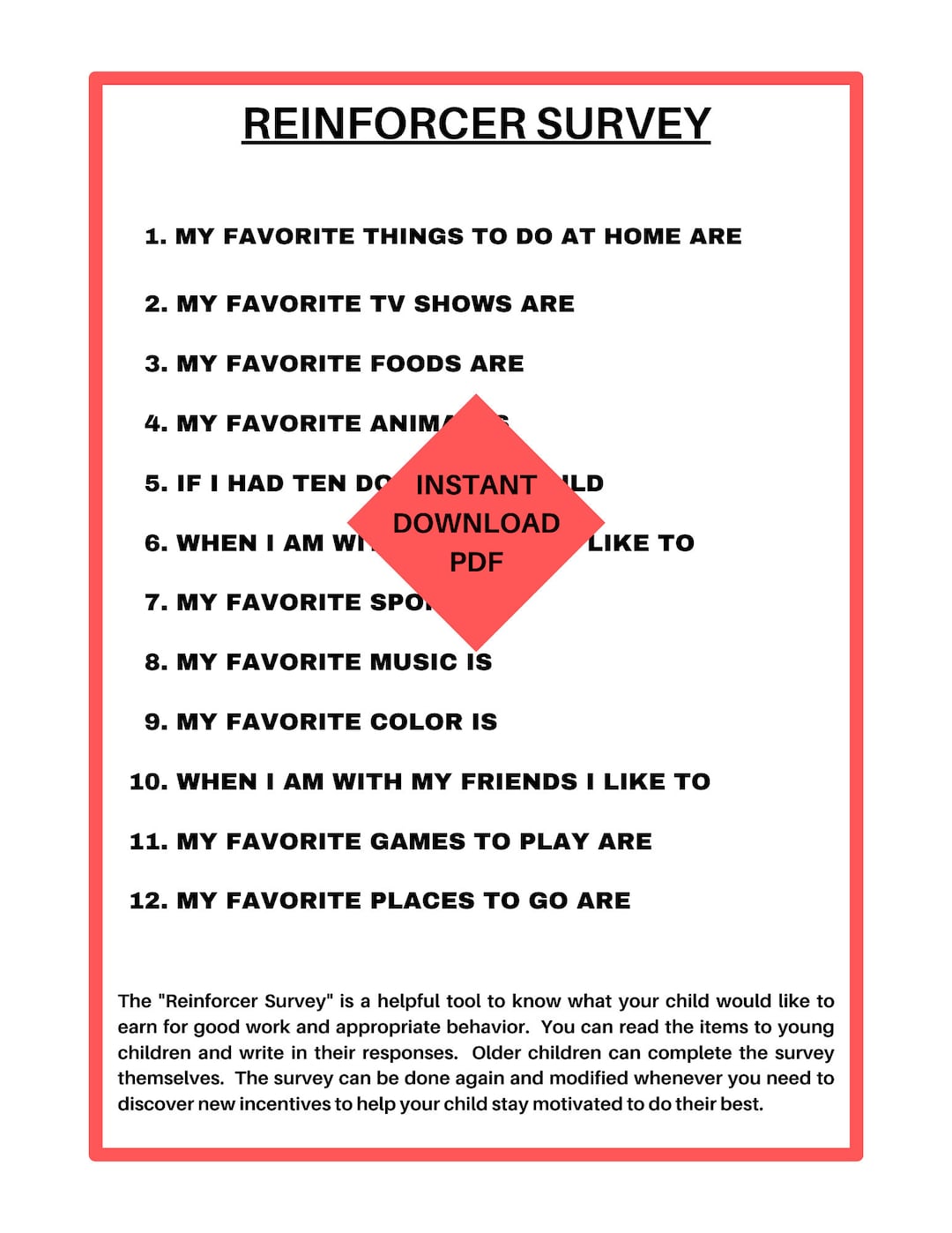 Kids Behavior Rewards Printable Reinforcer Survey Incentives Worksheet ...