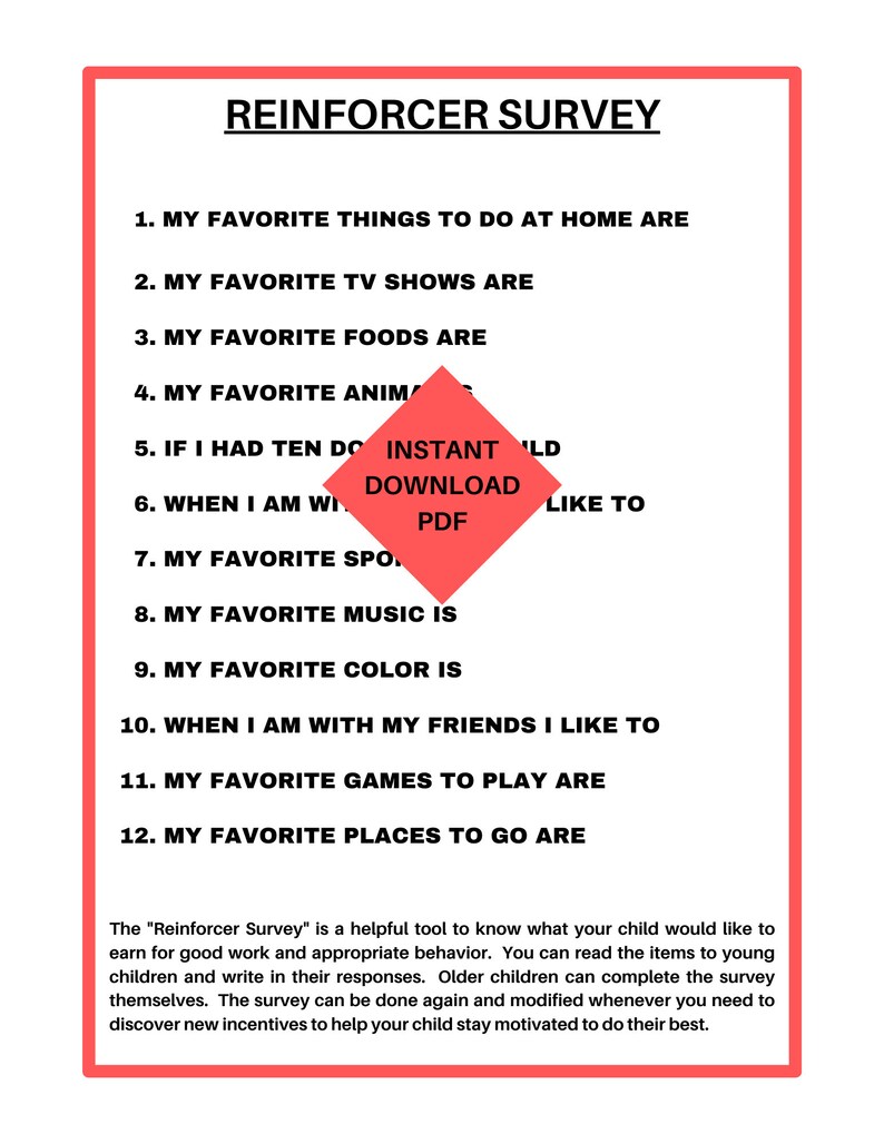 Kids Behavior Rewards Printable Reinforcer Survey Incentives Worksheet ...