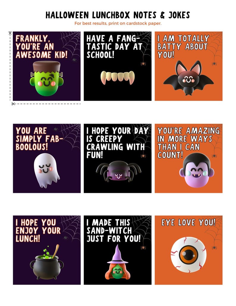 Halloween Lunchbox Notes and Jokes for Kids Funny Halloween Lunch ...
