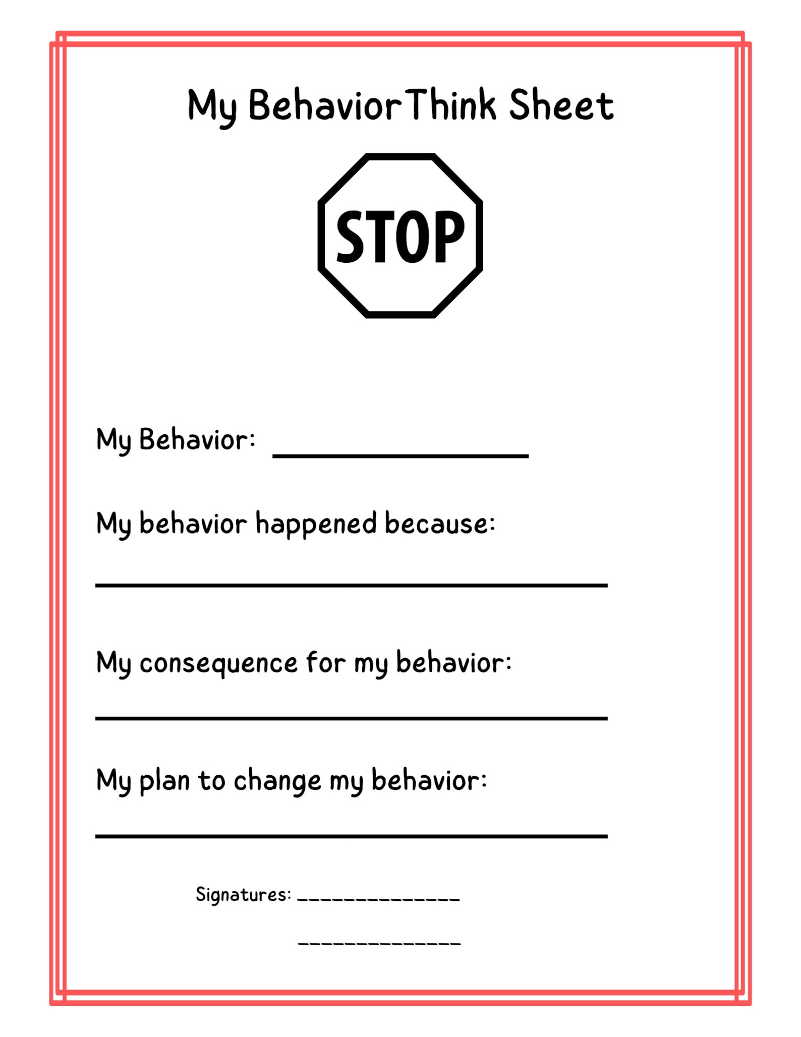 Behavior Reflection Stop and Think Worksheet for Kids - Impulse Control ...