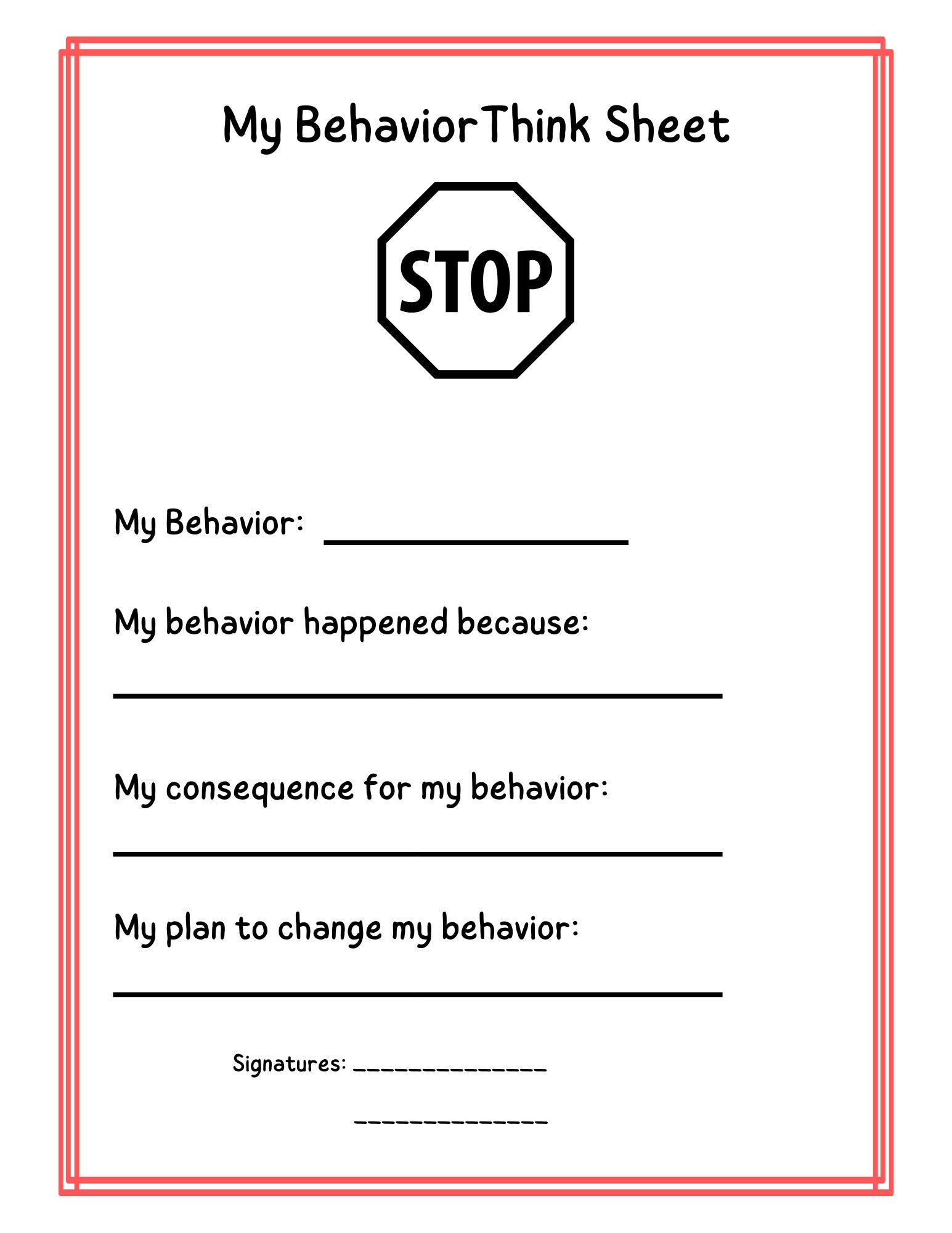 Behavior Reflection Stop and Think Worksheet for Kids - Impulse Control ...