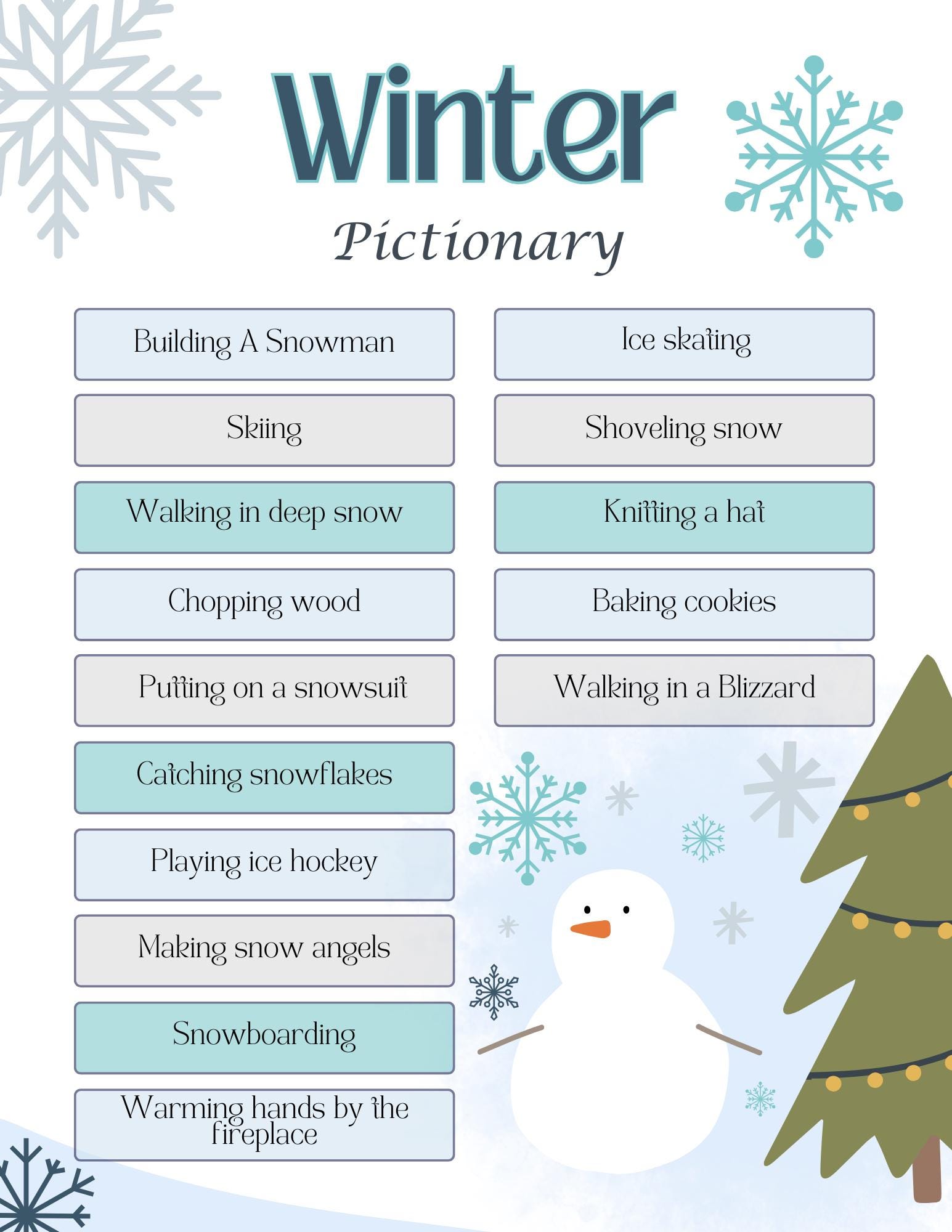 Winter Pictionary Printable Game - Etsy