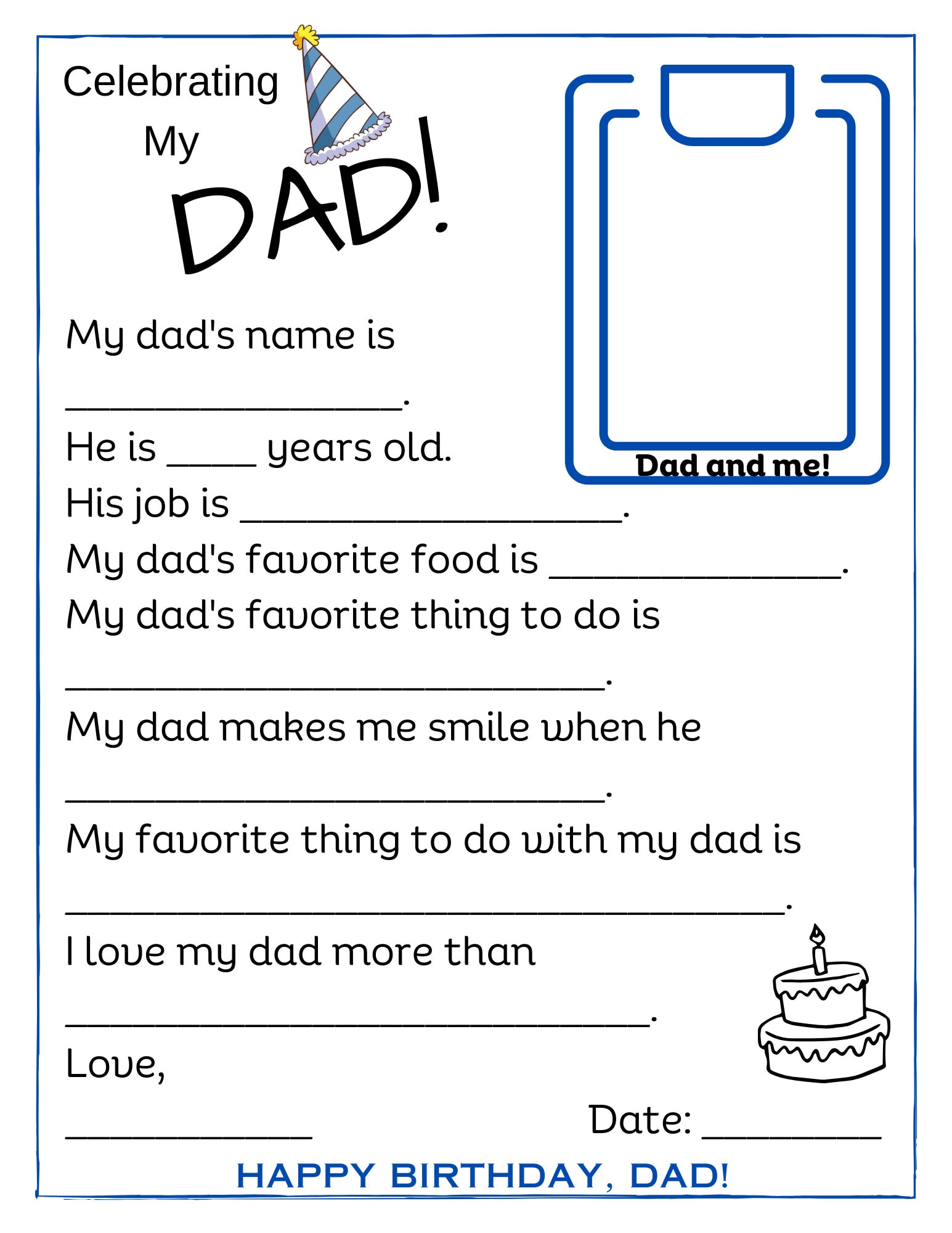 Happy Birthday Dad Printable Fill-in Worksheet PDF - Etsy