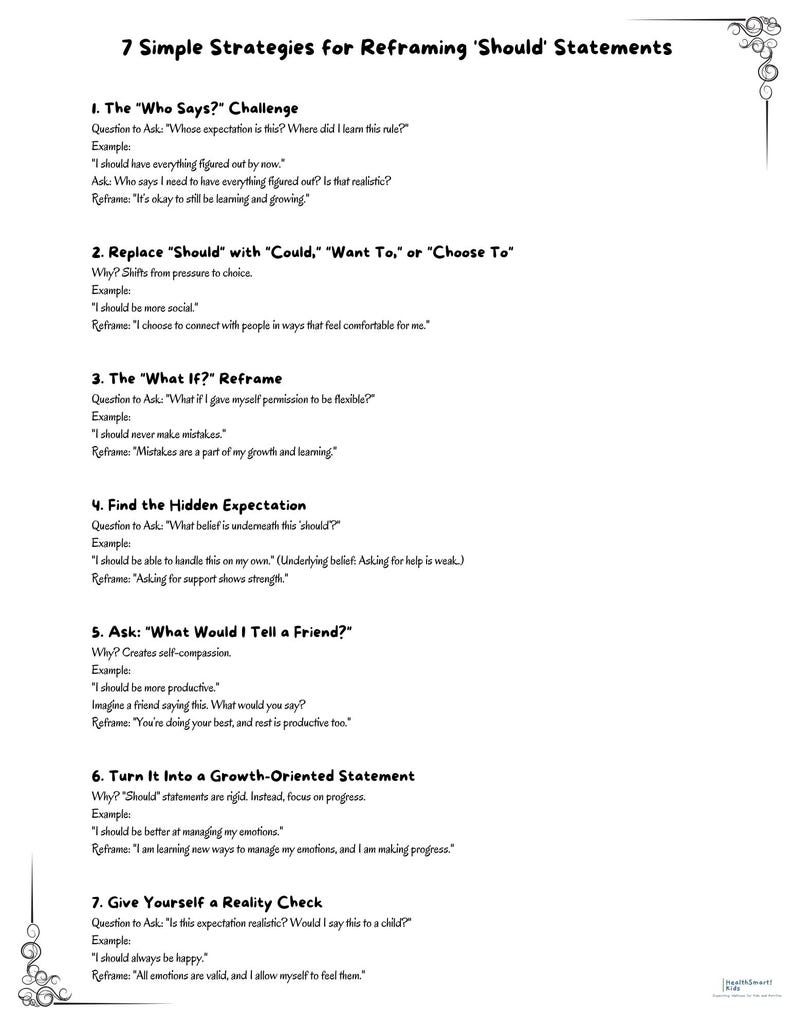Self-talk Worksheet for Reframing 'should' Statements Older Kids and ...