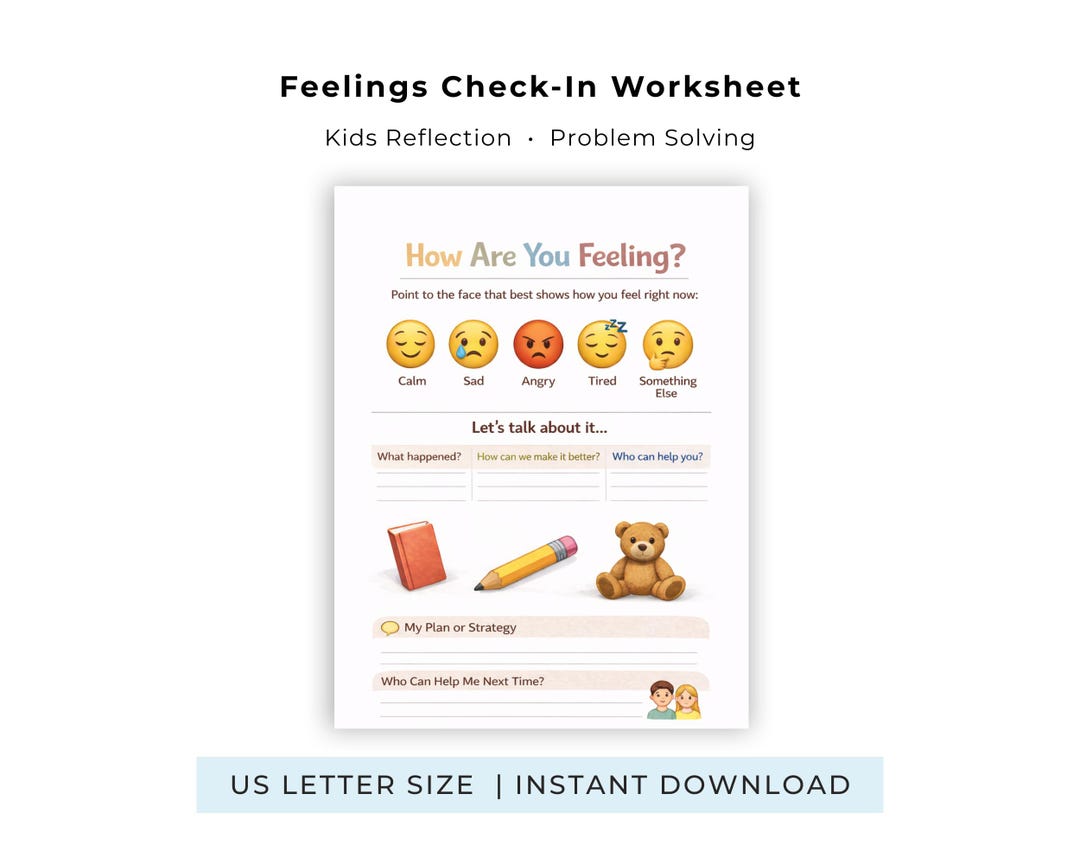 Feelings Check in Worksheet Kids Emotional Reflection Behavior Support ...