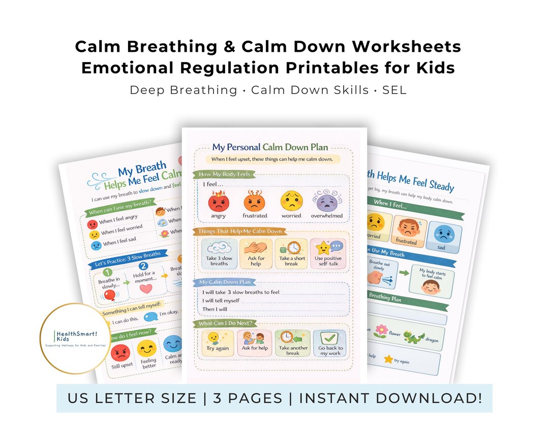 Calm Breathing Worksheets Kids Emotional Regulation Calm Down Plan SEL ...