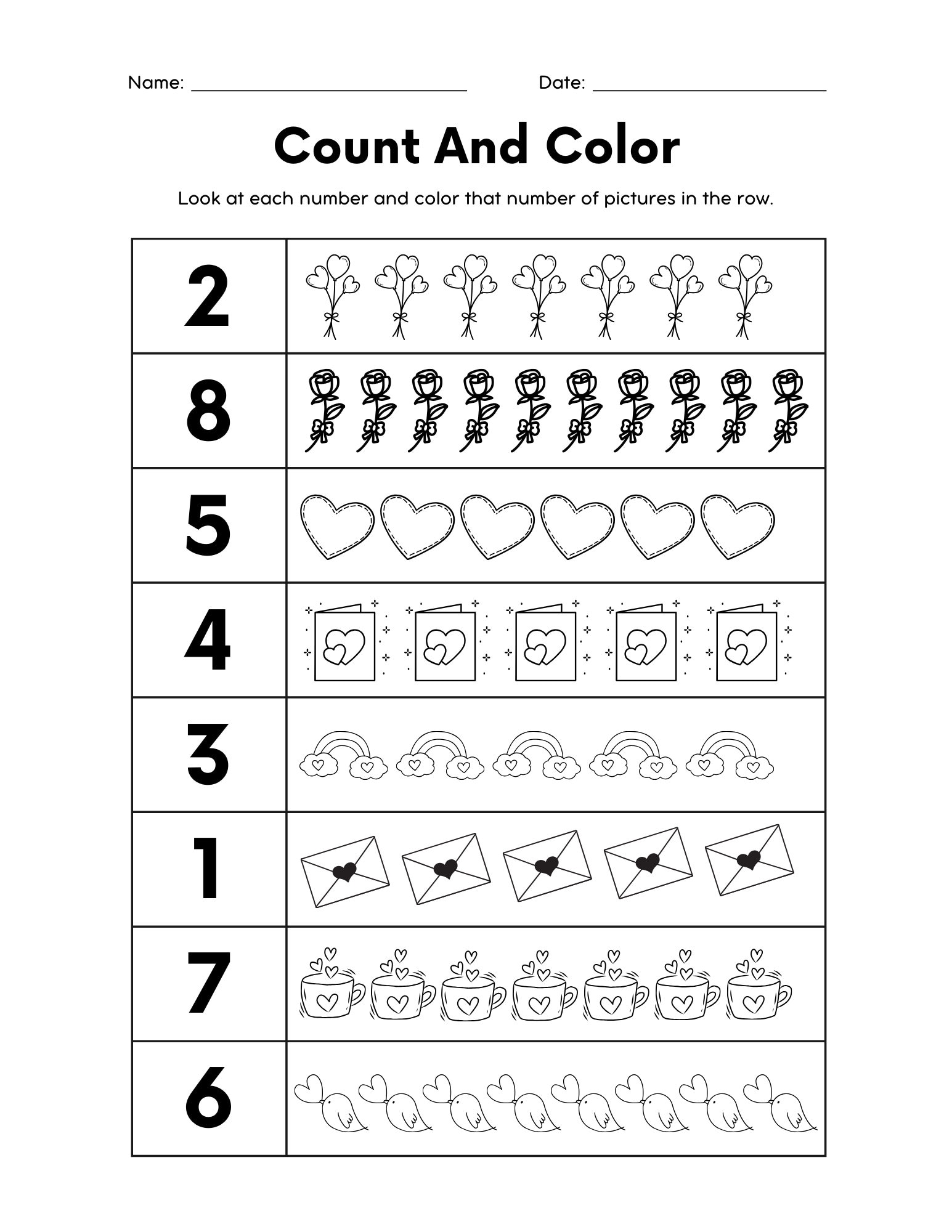 Valentine's Day Count and Color Activity Worksheets for Kids - Etsy