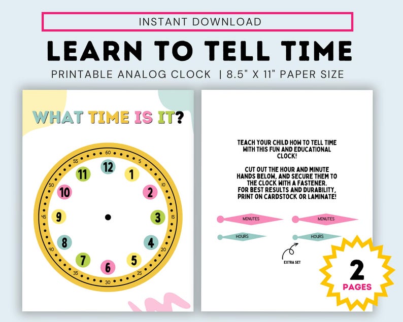 Printable Analog Clock for Learning to Tell Time - Etsy
