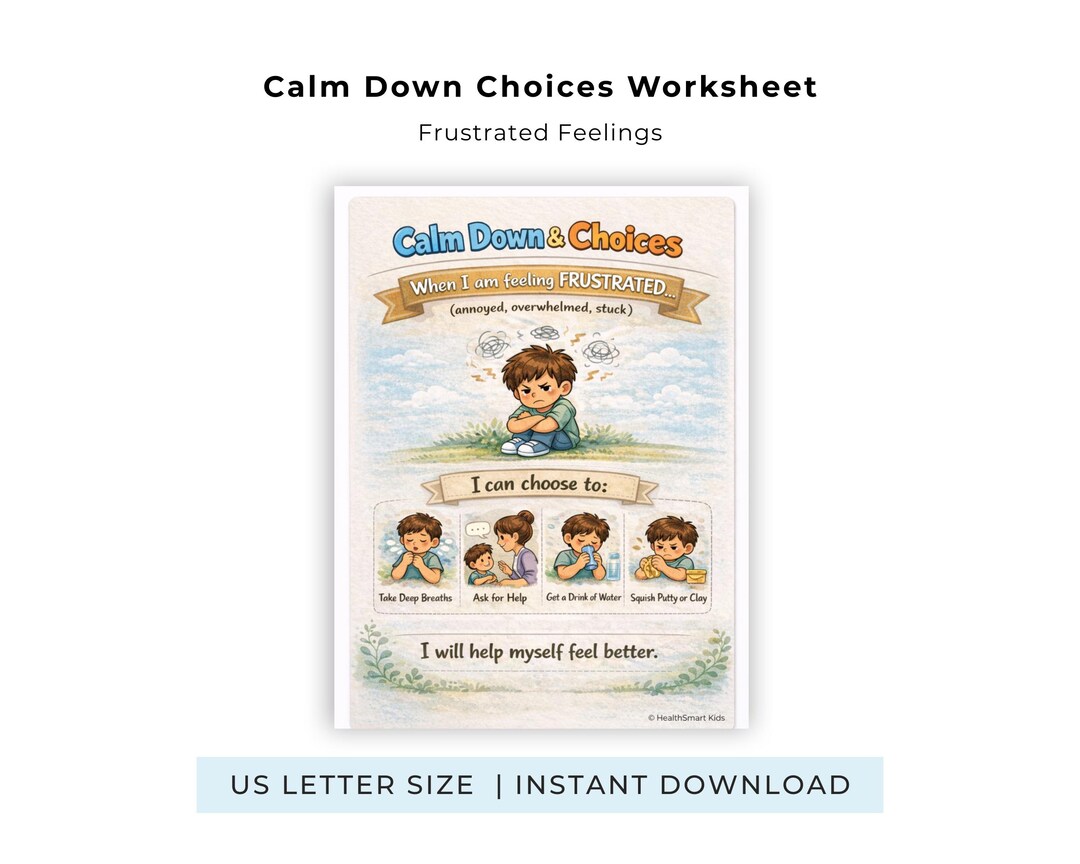Frustration Worksheet for Kids Calm Down Choices Coping Skills ...