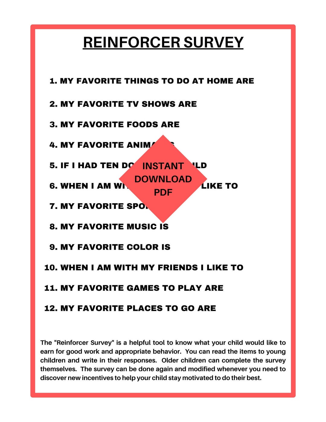 Kids Behavior Worksheet Printable Reinforcer Survey for Incentives PDF ...