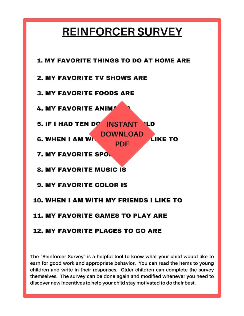 Kids Behavior Worksheet Printable Reinforcer Survey for Incentives PDF ...