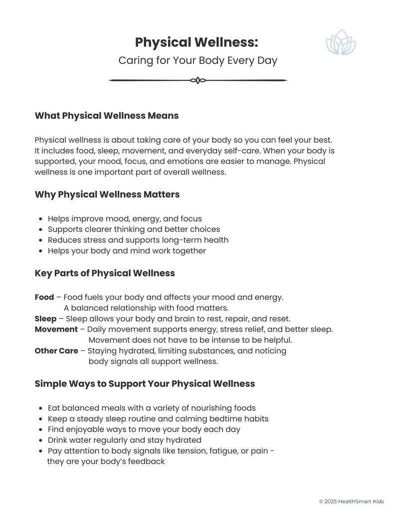 Physical Wellness Handout | Body Care, Sleep, Food & Movement Guide - Etsy