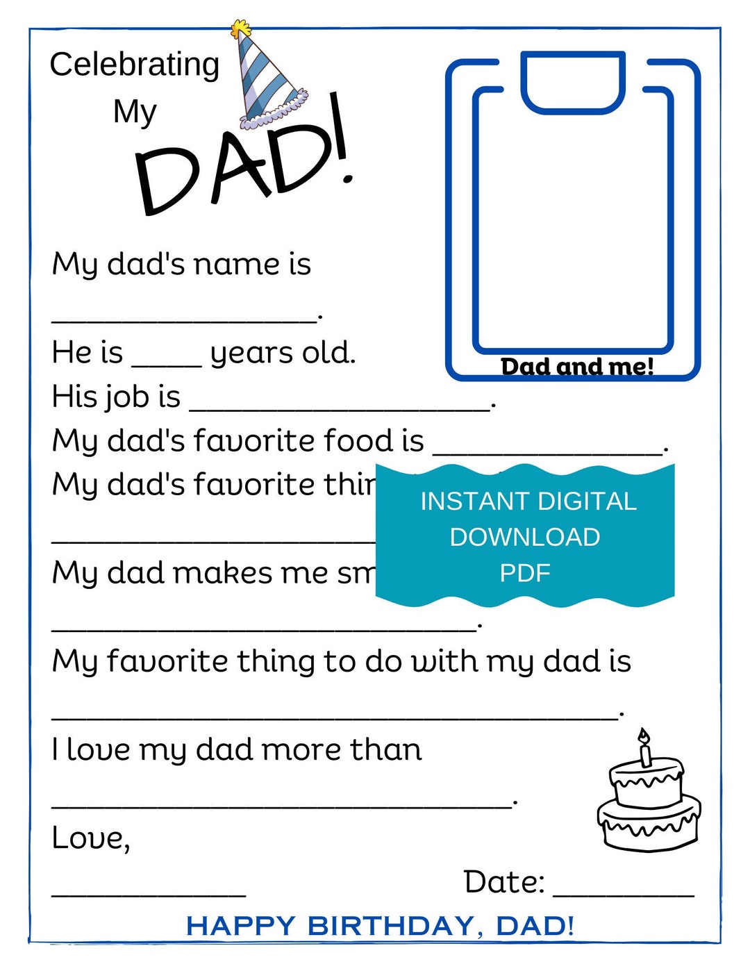 Happy Birthday Dad Printable Fill-in Worksheet PDF - Etsy