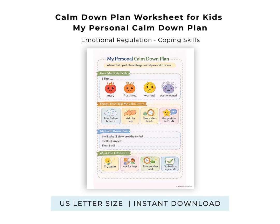 Calm Down Plan Worksheet Kids Emotional Regulation Coping Skills SEL ...
