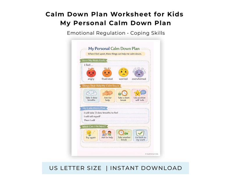 Calm Down Plan Worksheet Kids Emotional Regulation Coping Skills SEL ...