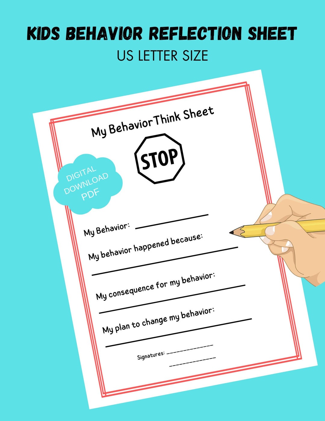 Behavior Reflection Think Sheet for Kids Stop and Think Worksheet for ...