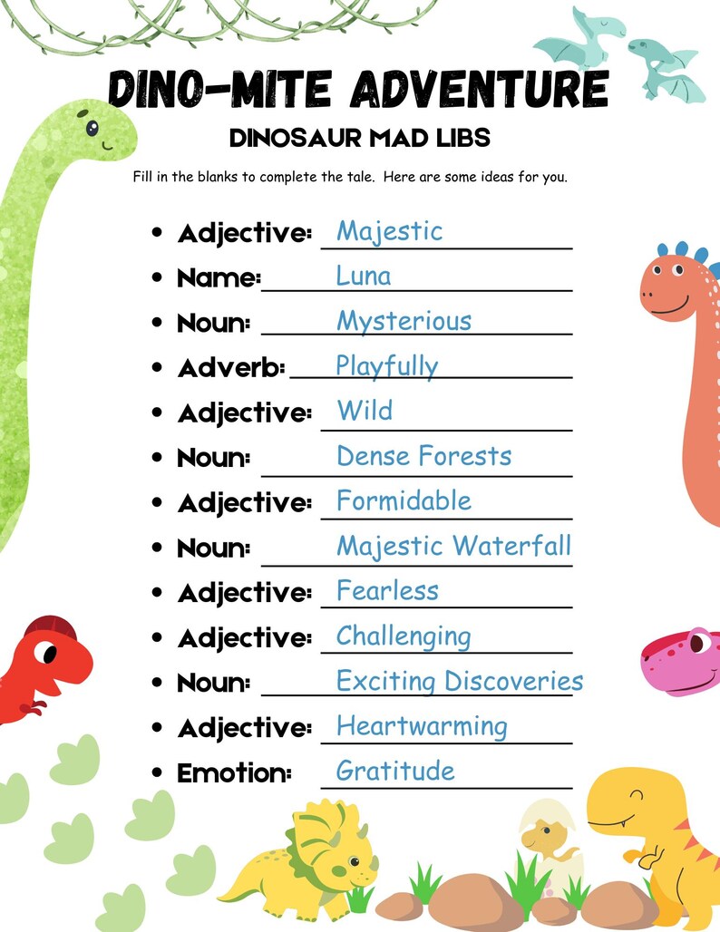 Dinosaur Mad Libs Adventure Printable Activity - Etsy