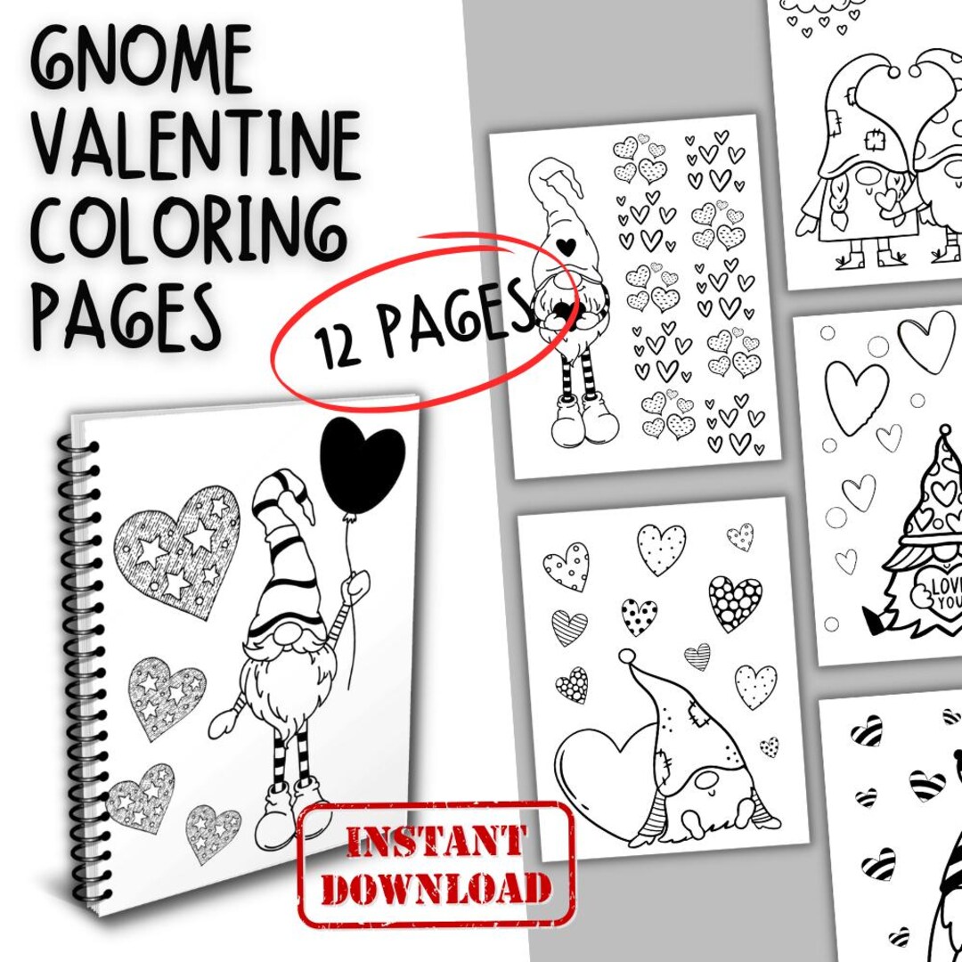 Gnome Valentine Coloring Pages - Etsy
