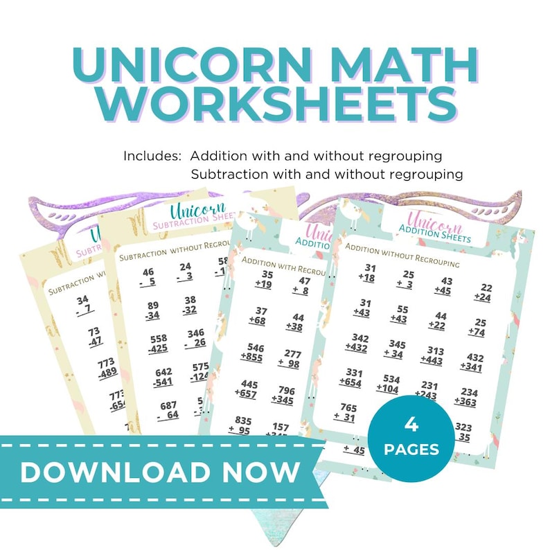 Unicorn Math Addition and Subtraction Worksheets With and Without ...