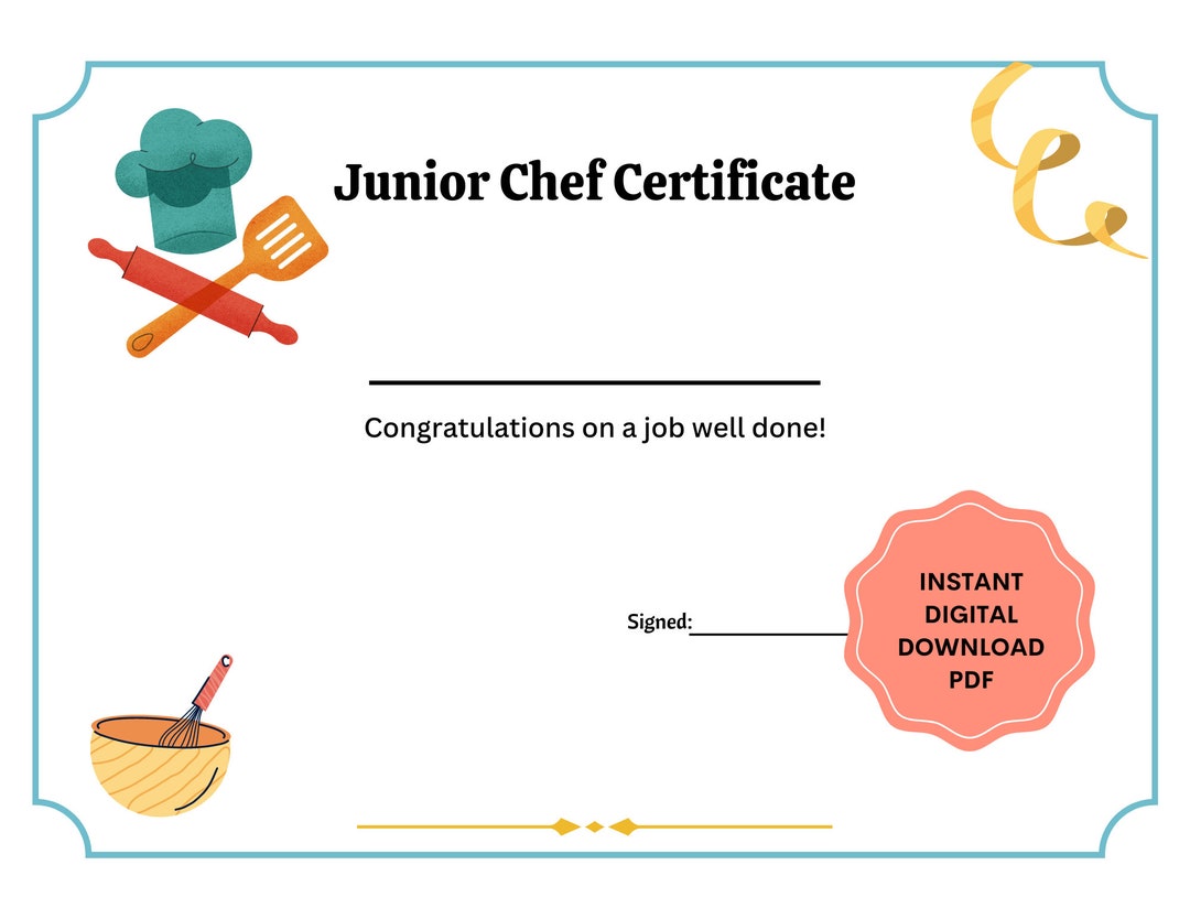 Junior Chef Award Cooking Certificate for Kids - Etsy