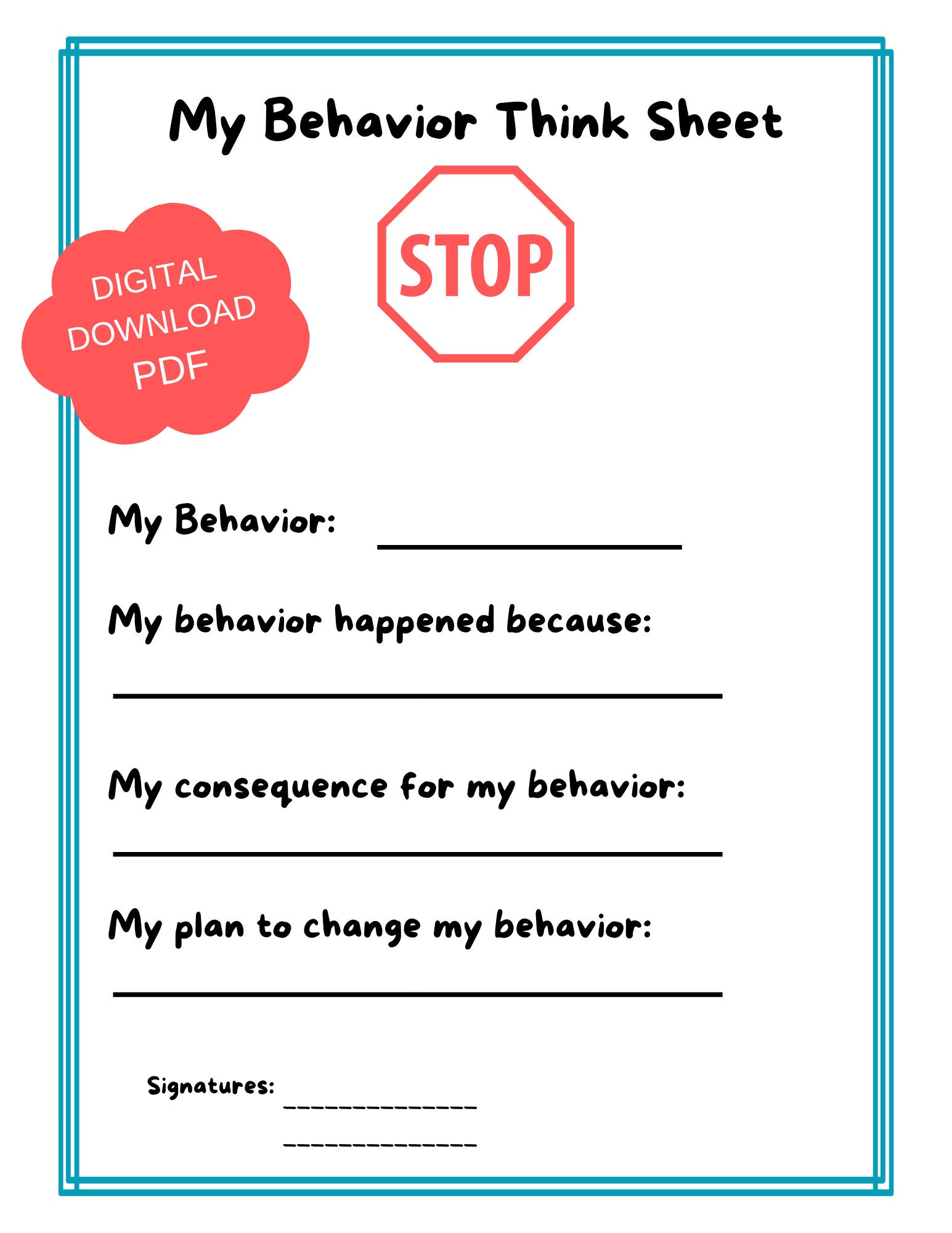 Behavior Reflection Sheet, Stop and Think Worksheet PDF, Impulse ...