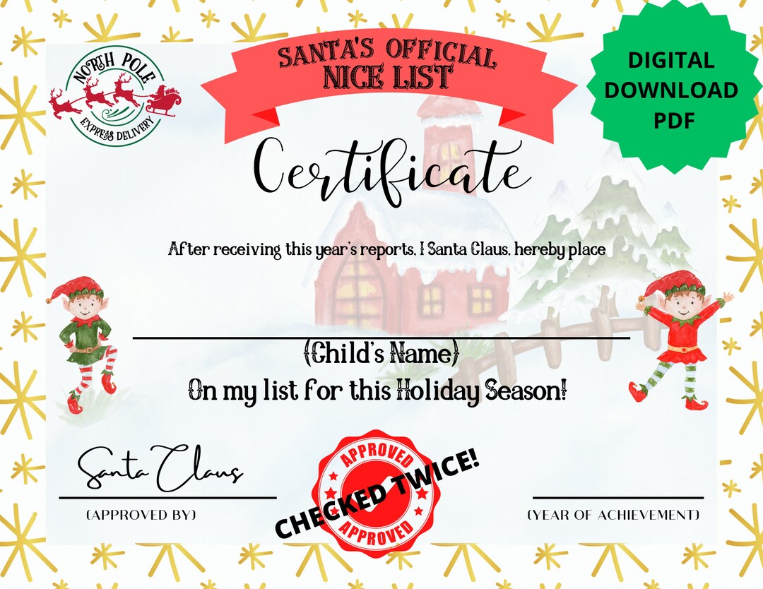 Santa's Nice List Christmas Certificate for Kids - Etsy