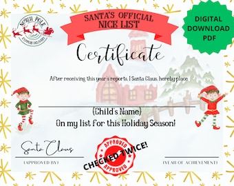 Santa's Nice List Certificate, Printable Official Nice List, Xmas Eve ...