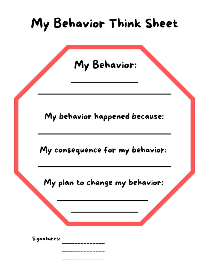 Behavior Think Sheet Printable Worksheet for Behavior Reflection ...