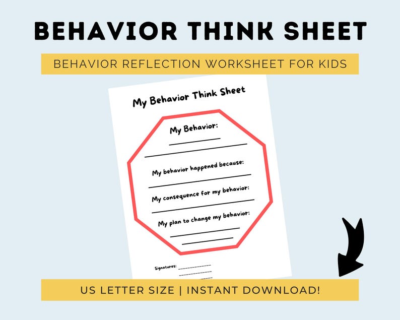 Behavior Think Sheet Printable Worksheet for Behavior Reflection ...