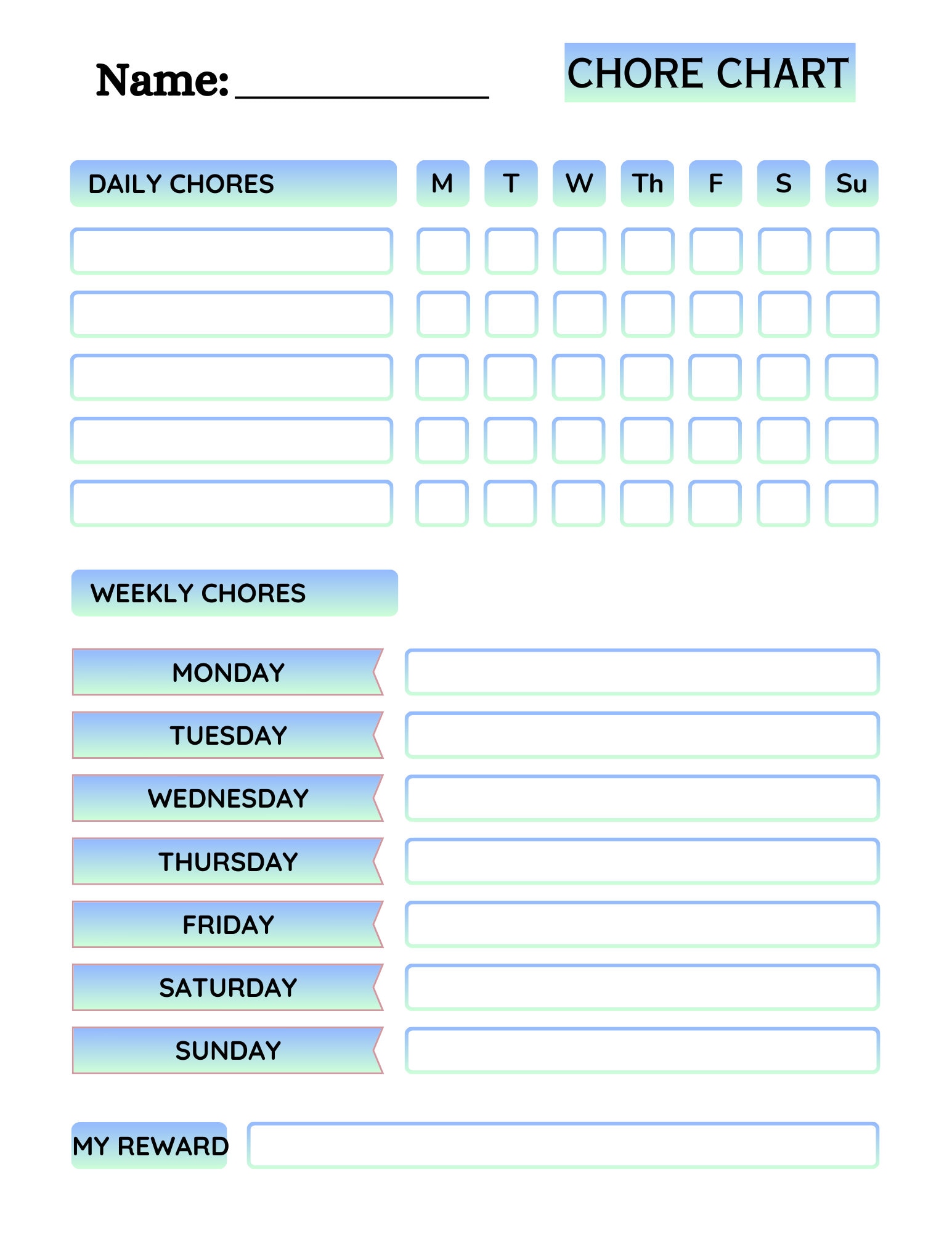 Chore Chart for Kids Printable PDF, Simple Blue Design - Etsy