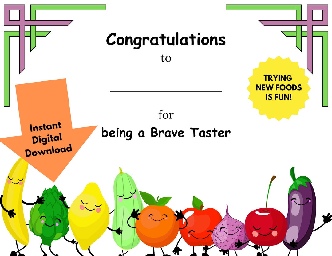 Picky Eater Brave Taster Award Certificate for Trying New Foods - Etsy