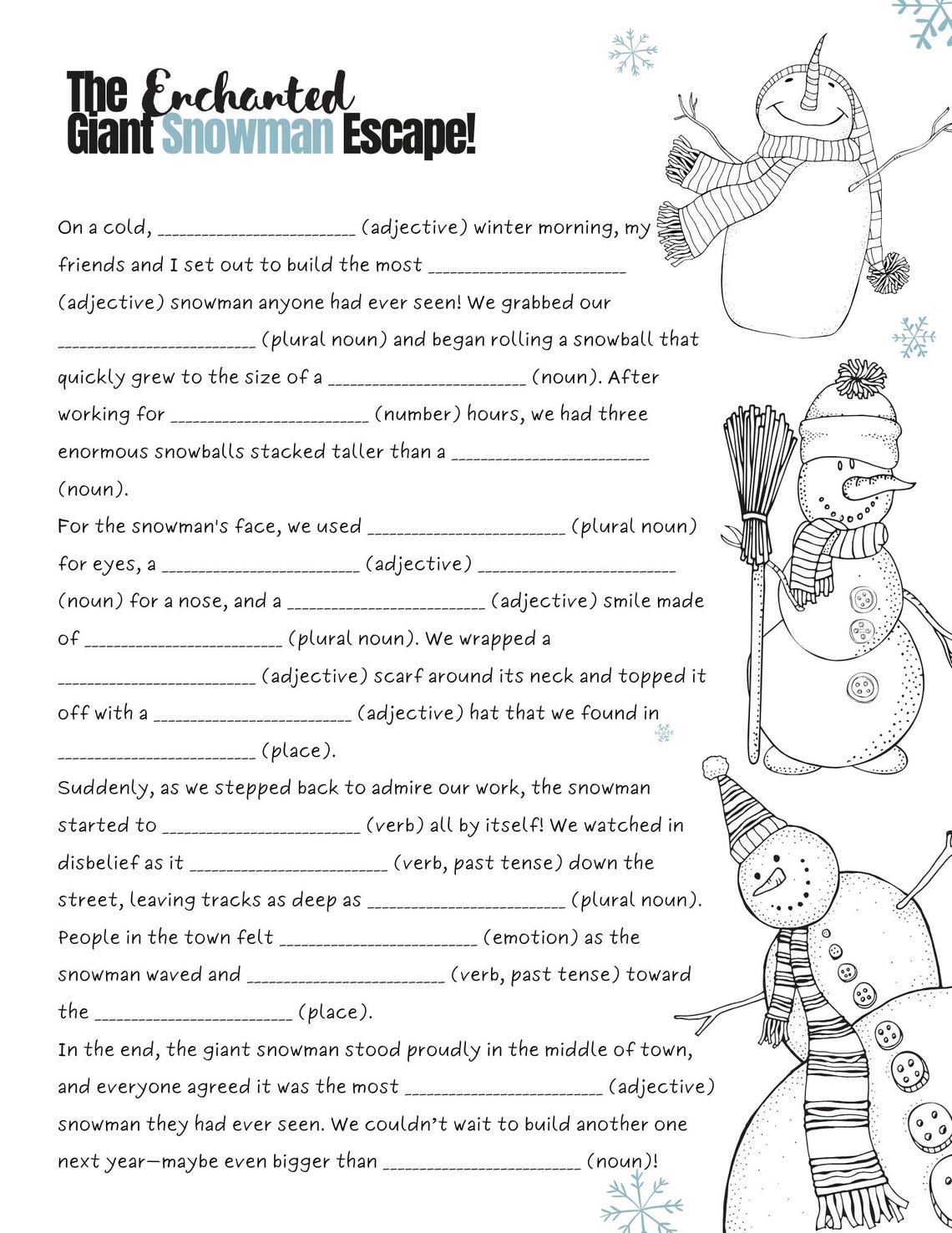 Fun Winter Snowman Mad Libs Worksheet - Etsy