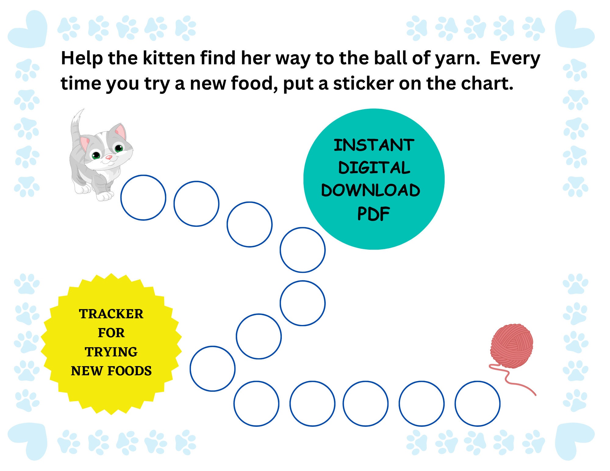 Trying New Foods Chart PDF, Picky Eater Chart, Kitten-theme - Etsy