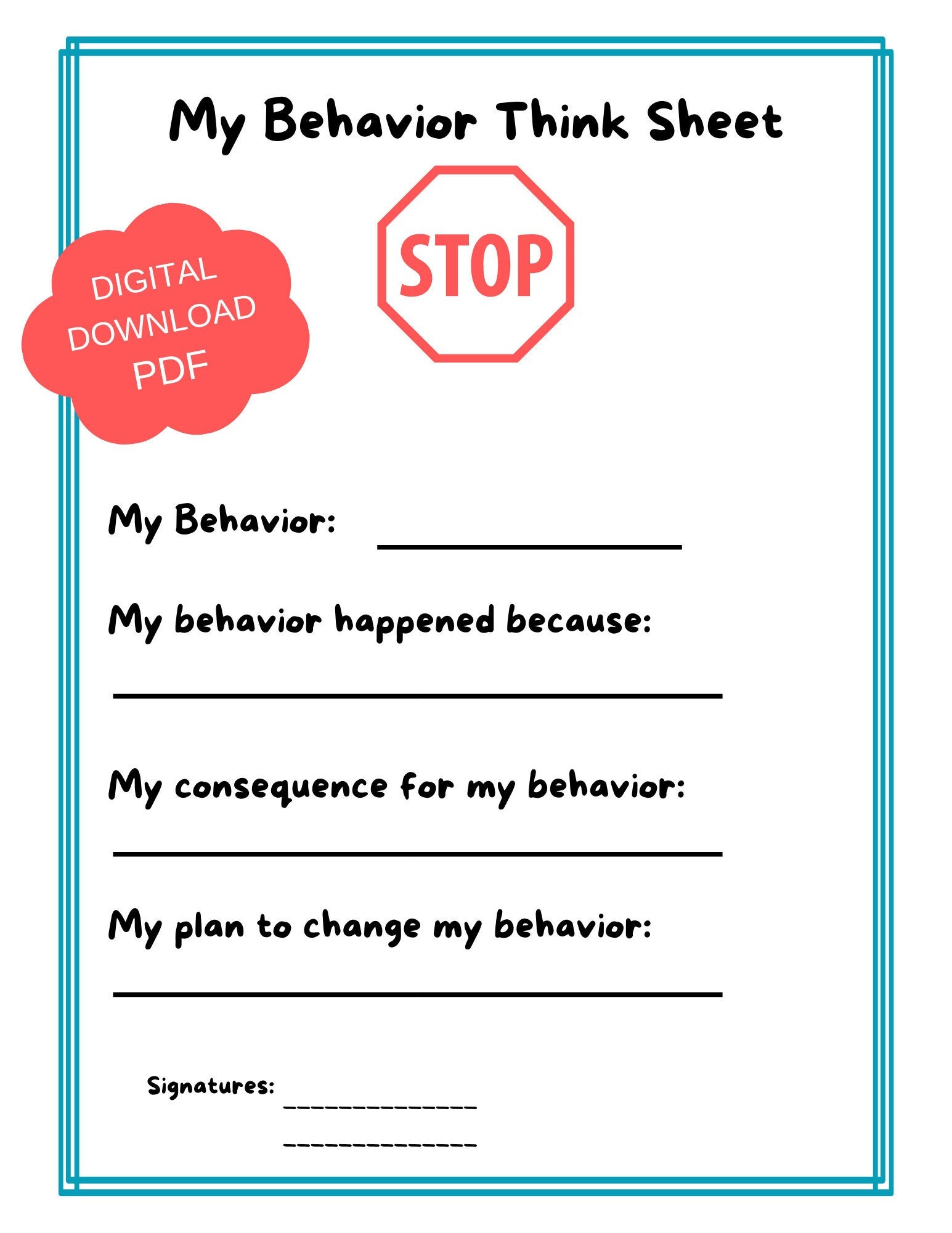 Behavior Reflection Sheet, Stop and Think Worksheet PDF, Impulse ...