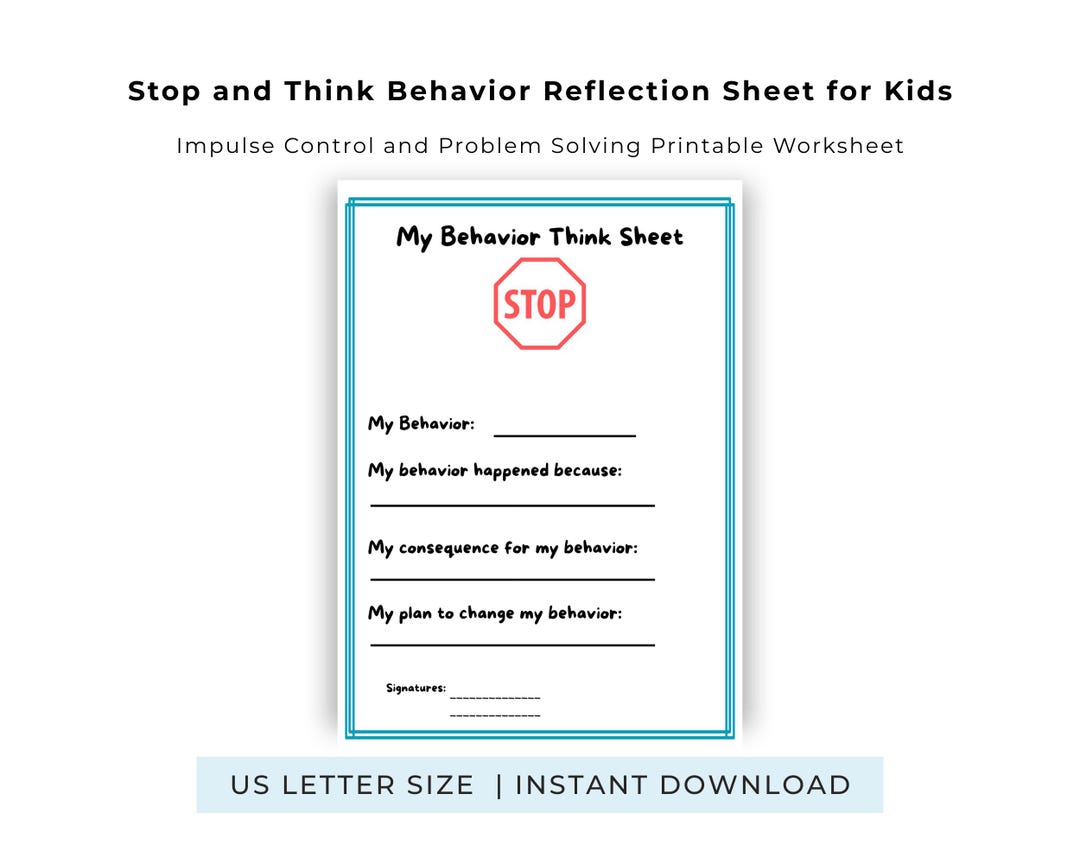 Stop and Think Worksheet for Kids | Behavior Reflection Sheet | Impulse ...