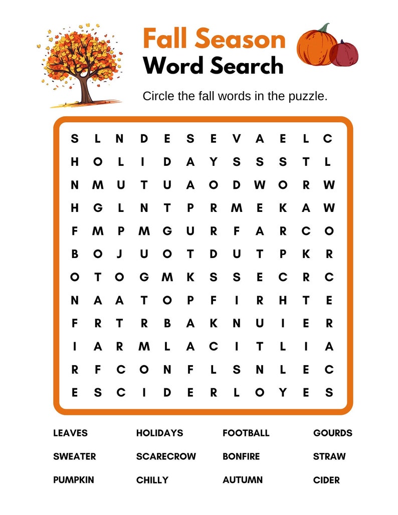 Fall Season Word Search - Etsy