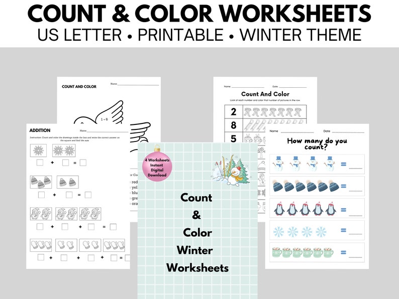 Count & Color Winter-themed Worksheets for Young Children - Etsy