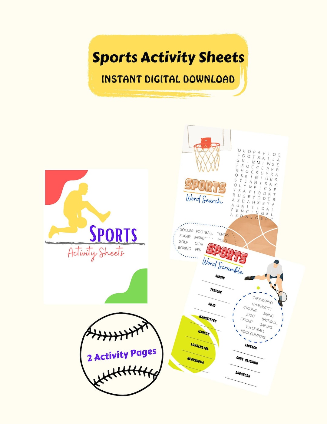 Printable Sports Activity Sheets for Kids Worksheets Sports PDF - Etsy