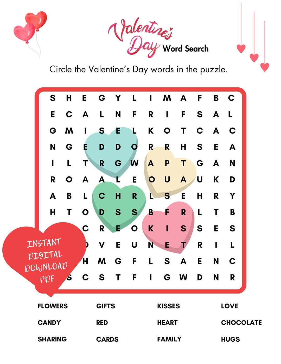 Colorful Valentine's Day Word Search Puzzle for Kids - Etsy
