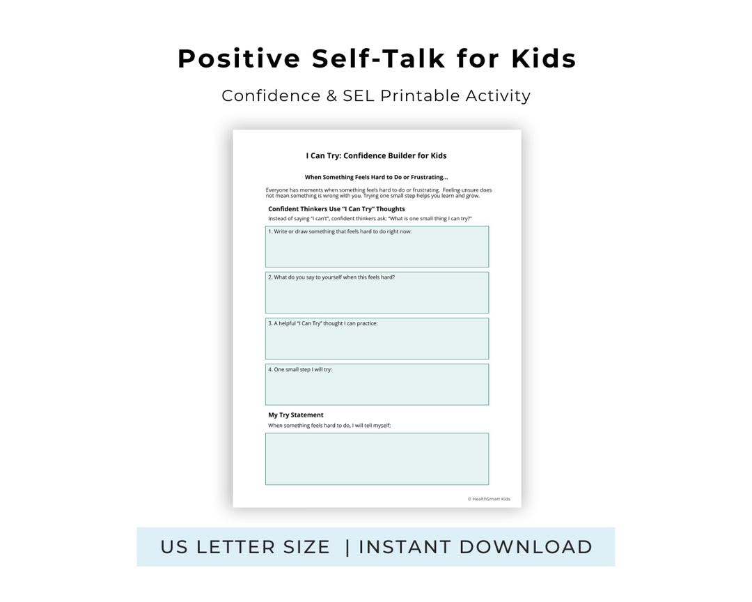 Positive Self Talk Worksheet for Kids | Confidence Building SEL ...