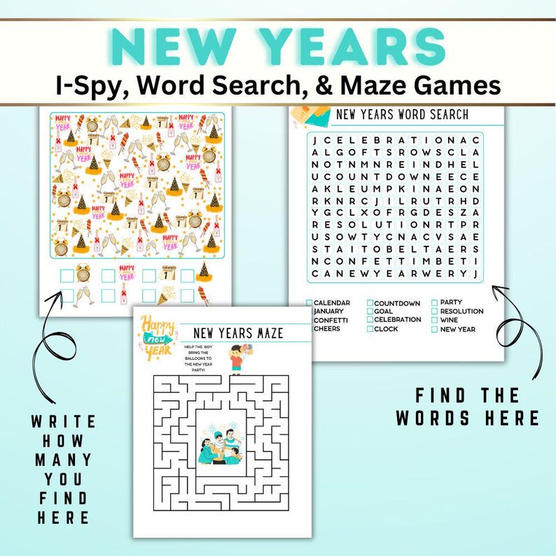 New Years Games Word Search I Spy and Maze Puzzle Games Bundle - Etsy