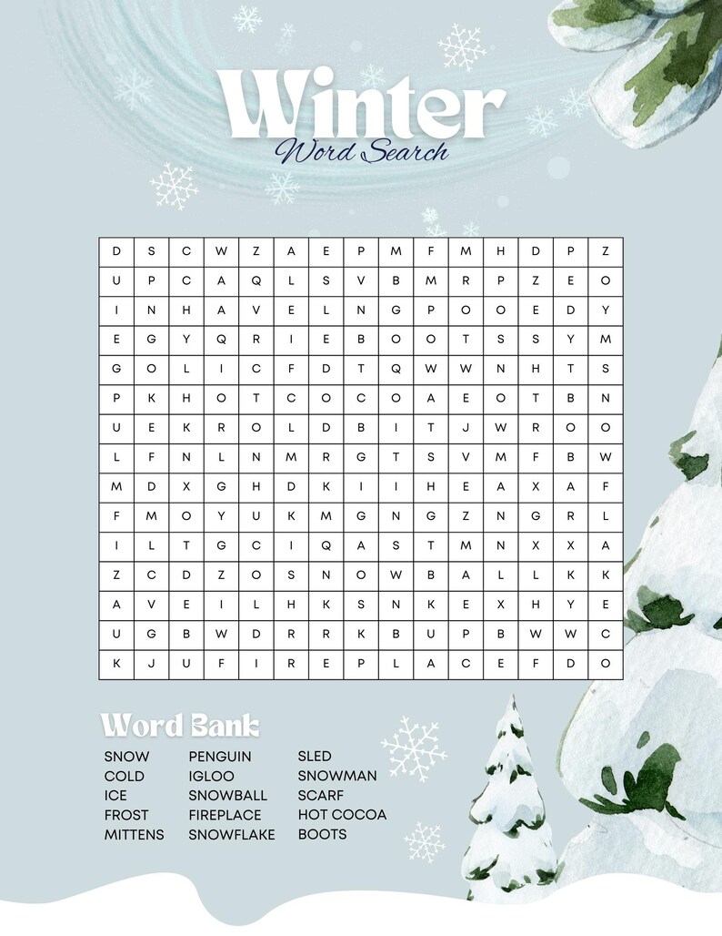 Printable Winter Word Search Puzzle - Etsy