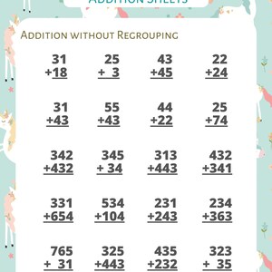 Unicorn Math Addition and Subtraction Worksheets With and Without ...