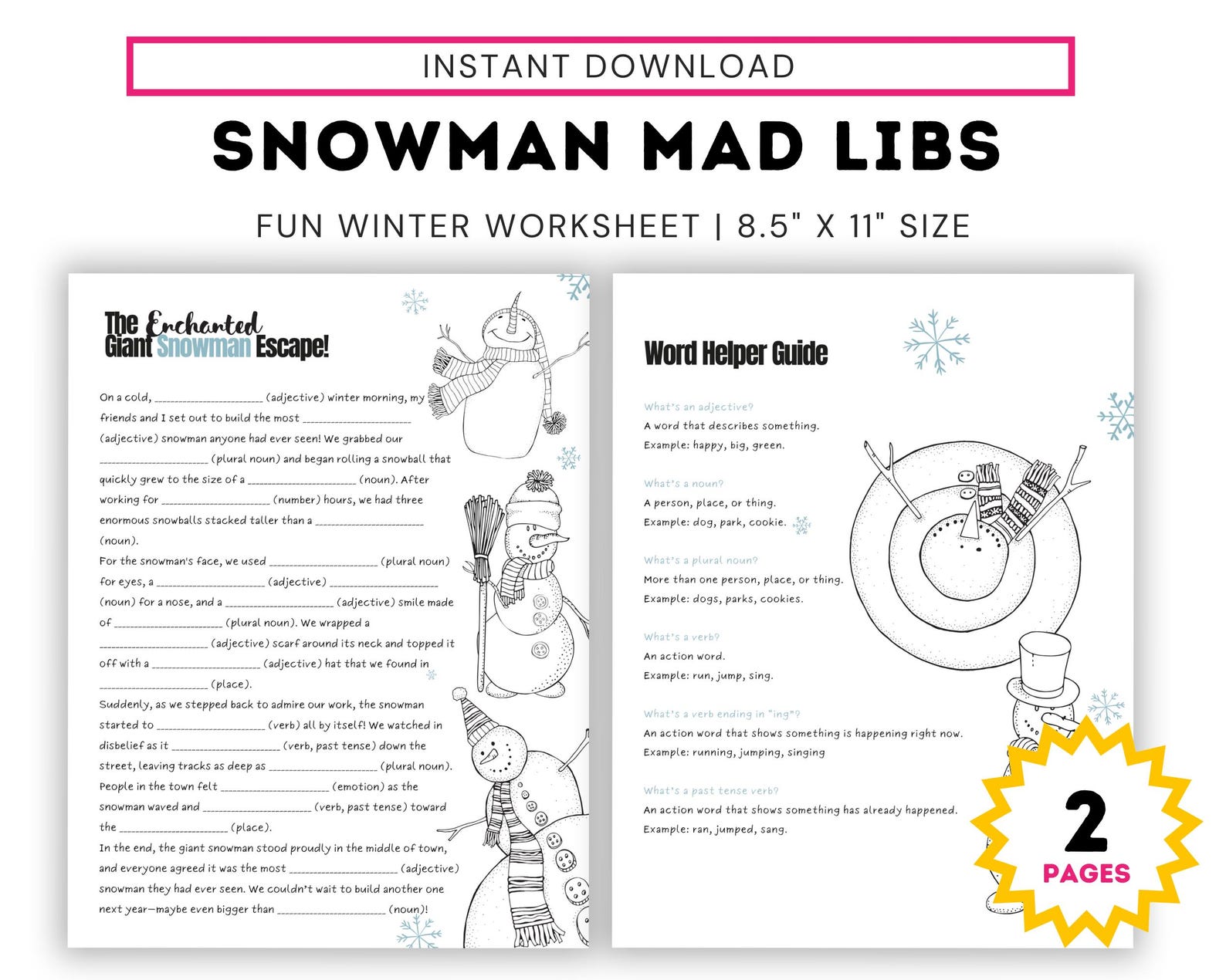Fun Winter Snowman Mad Libs Worksheet - Etsy
